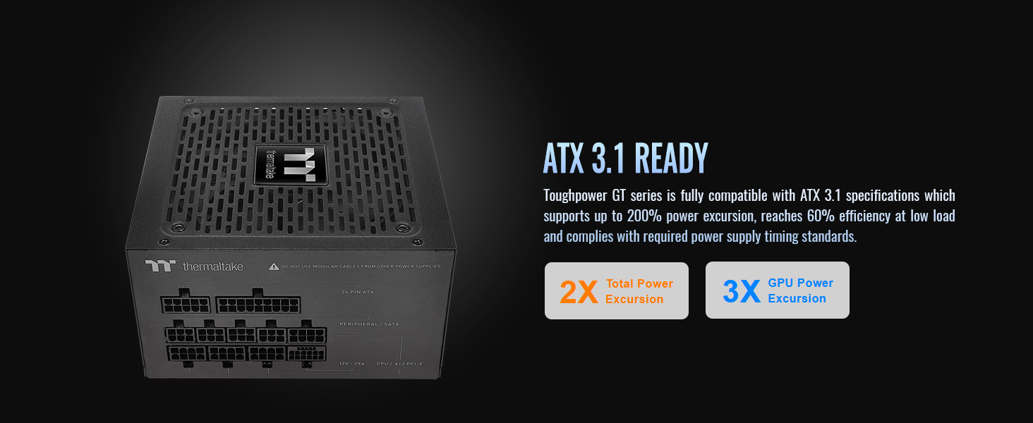 Thermaltake Toughpower GT 850W ATX 3.1 Standard Power Supply; 80 Plus Gold Efficiency; Smart ...